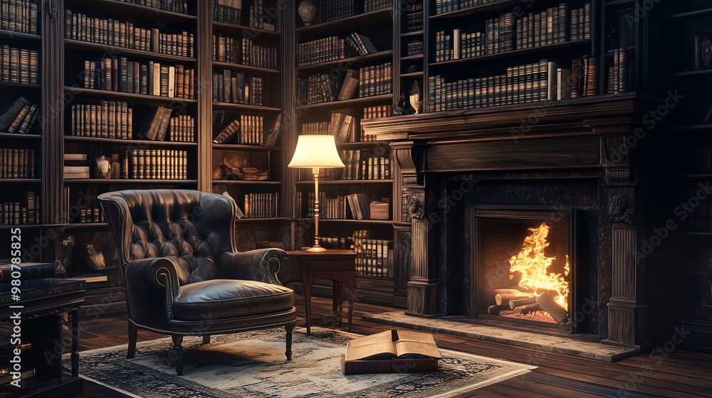 A rustic home library with dark wood shelves, an antique armchair, a ...