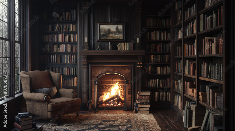 A rustic home library with dark wood shelves, an antique armchair, a ...