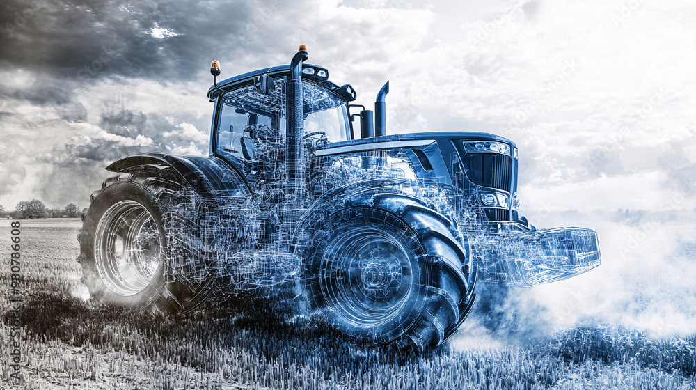 Farm tractor with half blueprint wireframe and half fully rendered ...