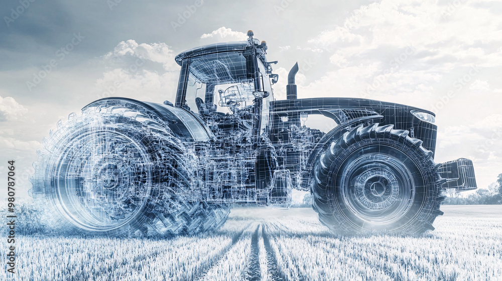 Farm tractor with half blueprint wireframe and half fully rendered ...