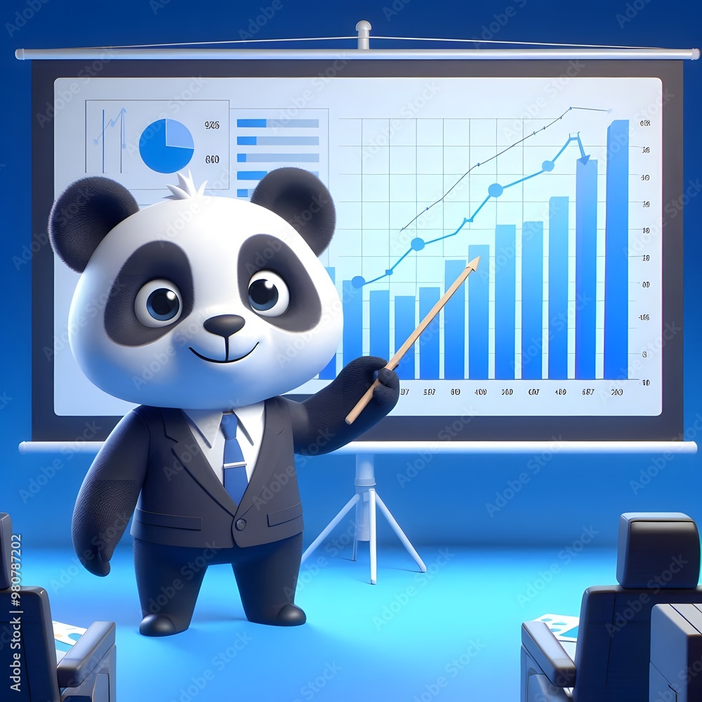 Business Panda Presenting a Bar Graph Analysis, a 3D Young Panda with a ...