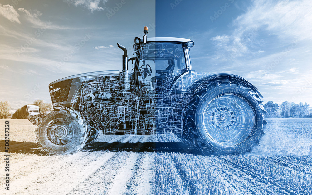 Farm tractor with half blueprint wireframe and half fully rendered ...
