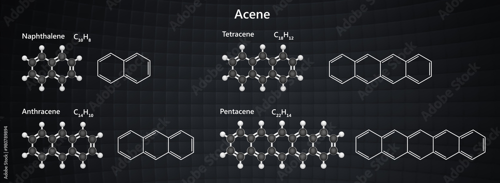 Set of molecules acenes: naphthalene, anthracene, tetracene, pentacene ...