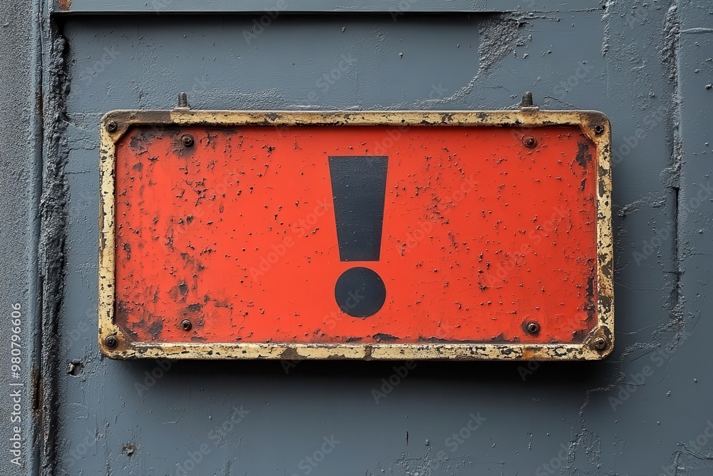 bold red warning sign with exclamation mark against neutral gray wall ...