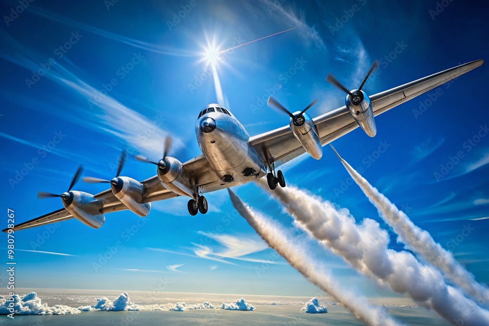 A sleek, silver, high-wing, turboprop-powered strategic bomber with ...