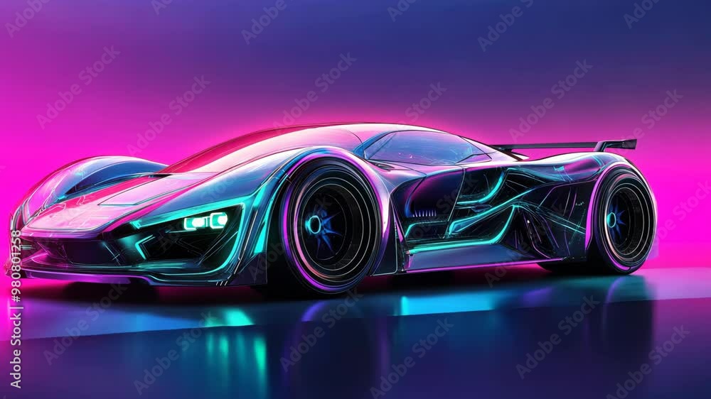 A futuristic car showcases vibrant neon colors on a reflective surface ...