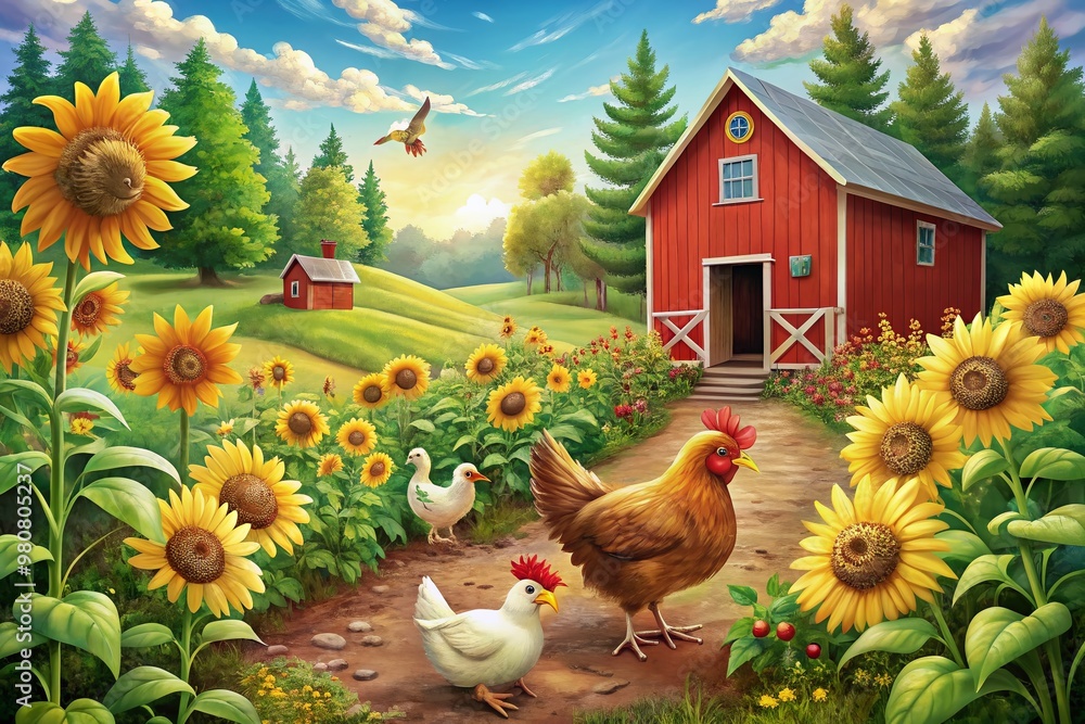 Whimsical illustration of a rustic farm scene featuring happy chickens ...
