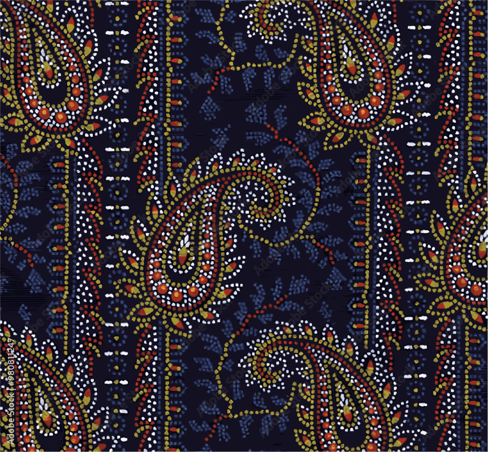 Colorful paisley pattern made of dots on a black background, resembling ...