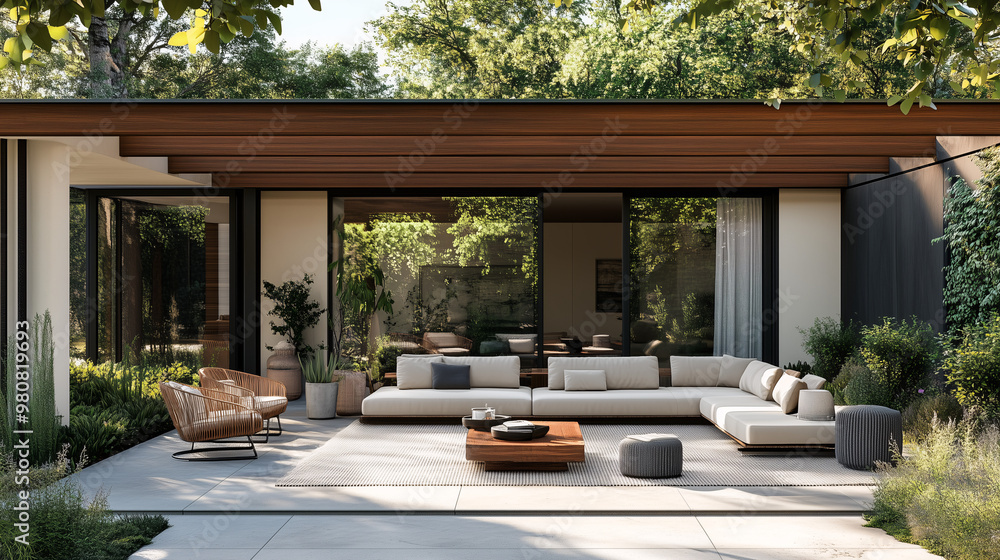 An elegant outdoor living area with large sliding glass doors, wooden ...