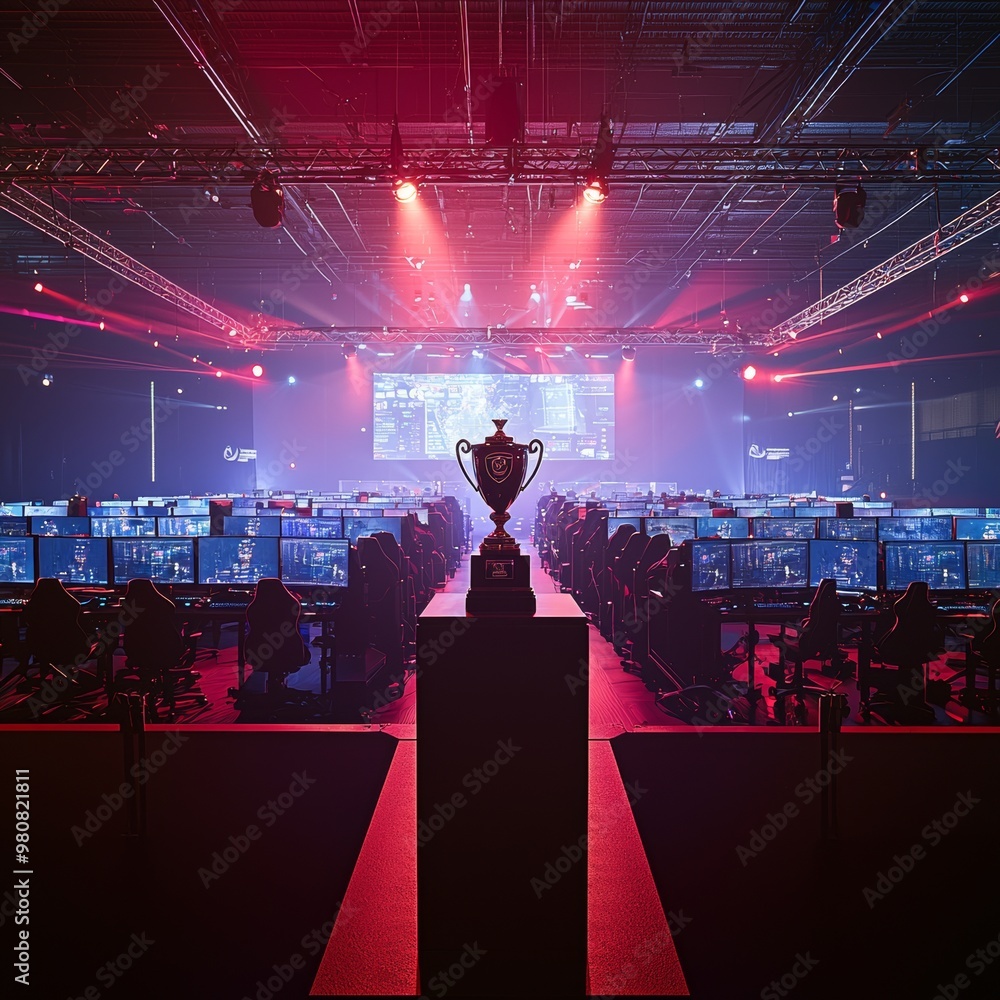 A large arena with neon lights illuminates a championship eSports ...