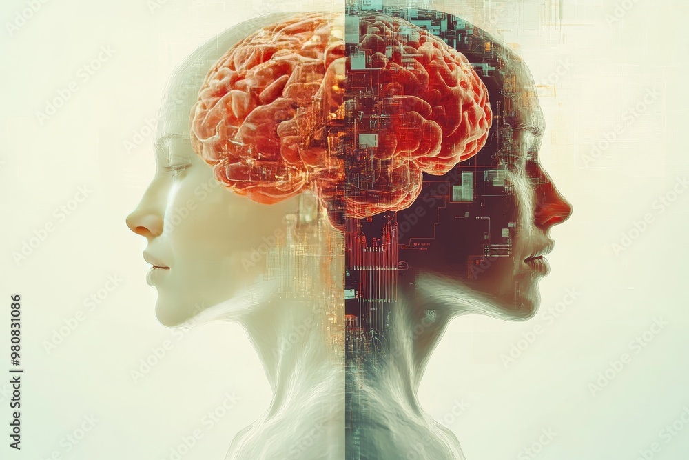 Double portrait of white heads with red and orange brains symbolizing ...