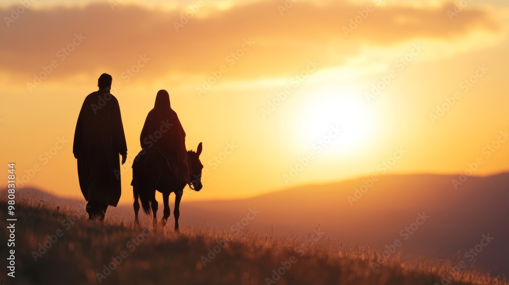 Mary and Joseph traveling to Bethlehem with a donkey under a golden ...