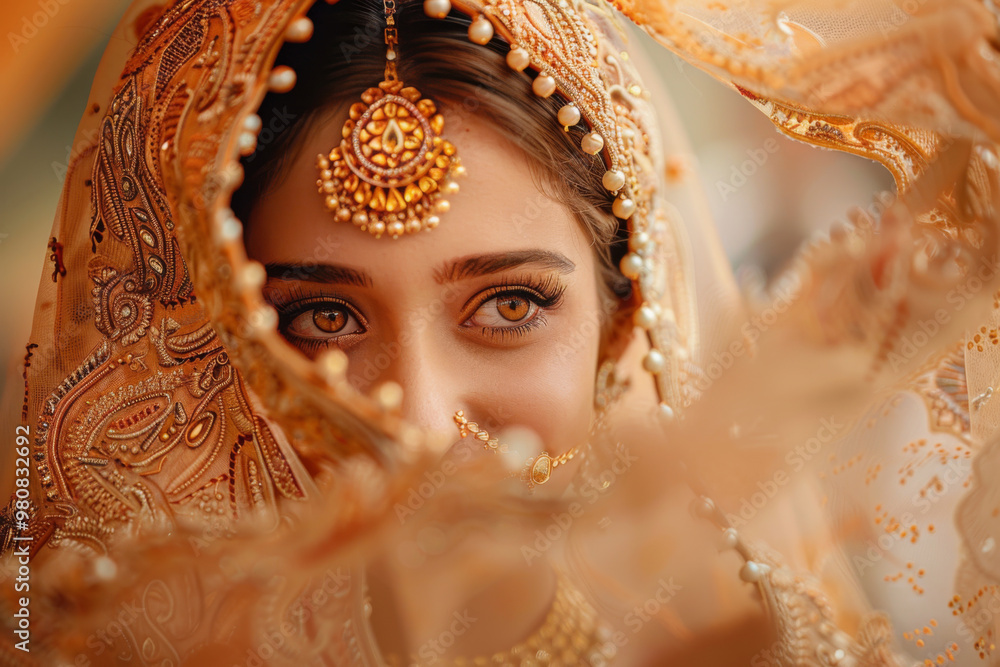 Close up portrait of a young smiling bride wearing traditional Indian ...