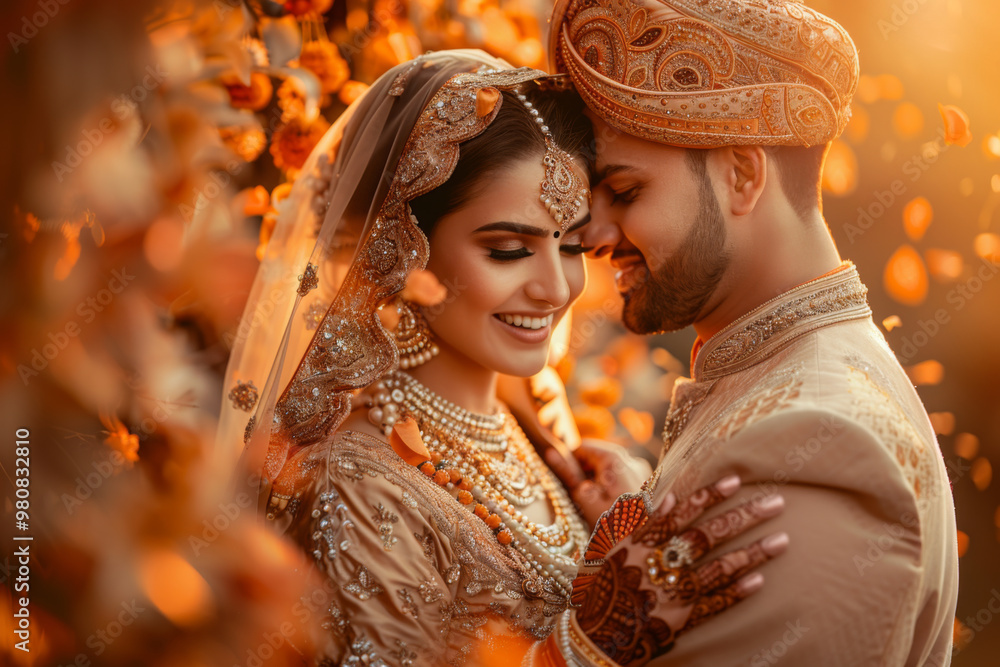 Indian ethnic Bride and Groom wearing traditional costumes and ...