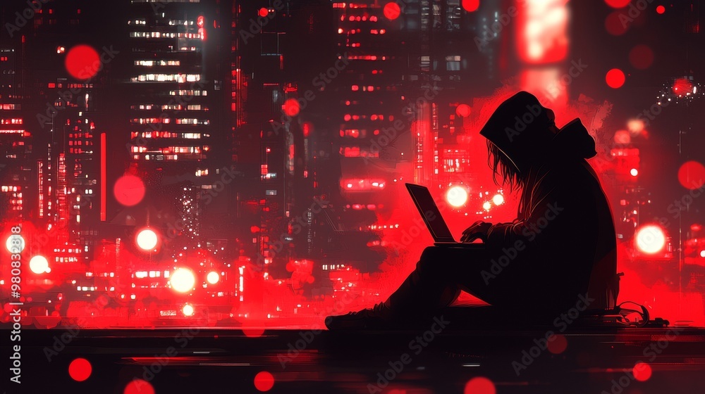 A digital representation of faceless hackers using laptops and casting red shadows. It ...