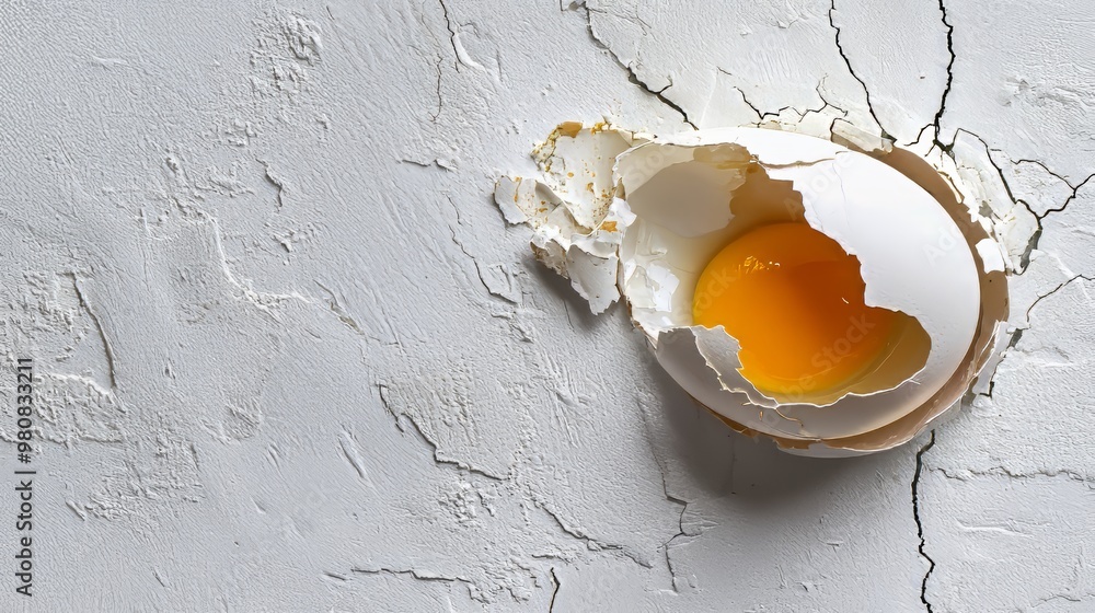 This image shows a broken egg isolated against a white background ...