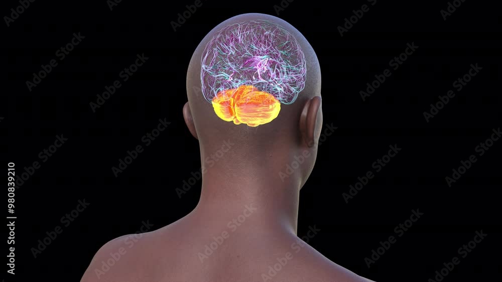 3D animation of a man's brain with the cerebellum highlighted. Stock ...