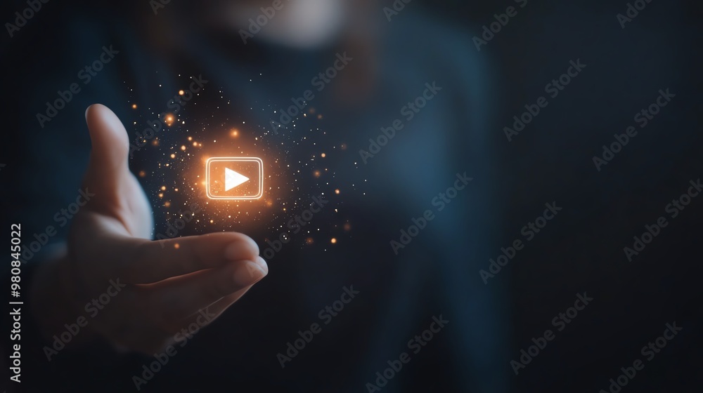 Hand holding a glowing play button icon, representing digital media ...
