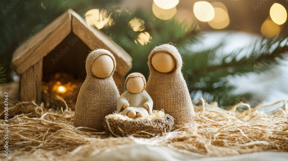 Rustic nativity scene with wooden figures of Mary, Joseph, and baby ...