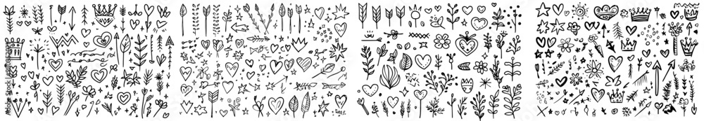 The doodles set features a hand drawn pointing arrow, outline shapes ...