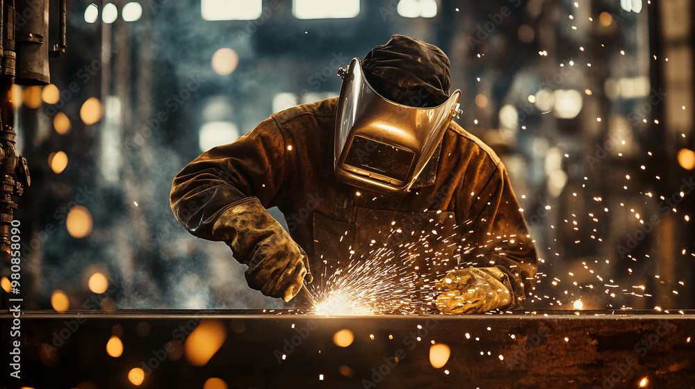 Welder in safety equipment joins metal parts together, creating a ...