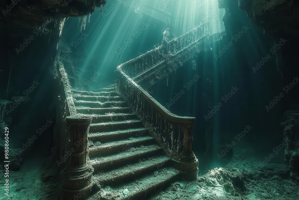 haunting underwater scene of titanics grand staircase submerged in inky ...