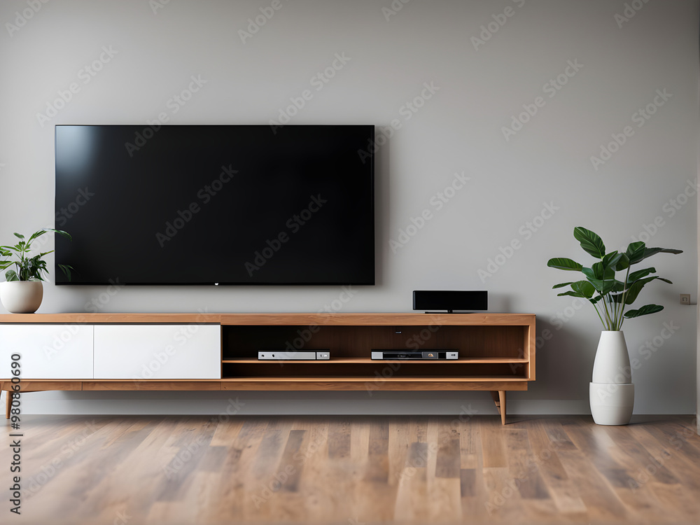 Living room interior with TV. Blank screen television on the table ...