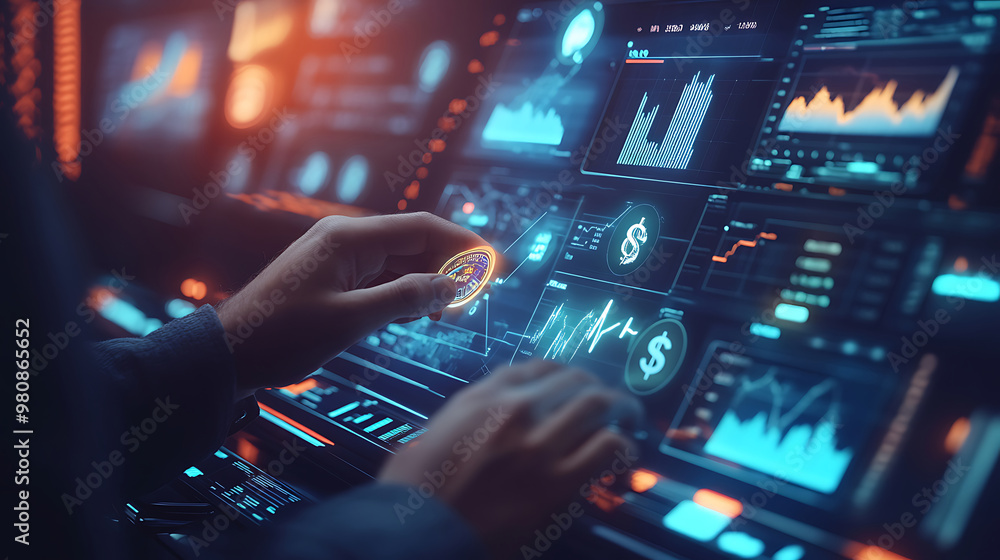 Business professional using a futuristic touchscreen interface to ...