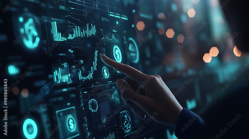 Business professional using a futuristic touchscreen interface to ...