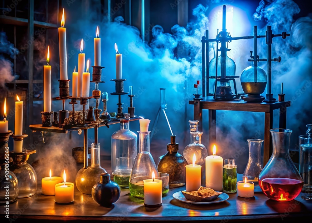 Eerie laboratory setup with bubbling beakers, flickering candles, and ...