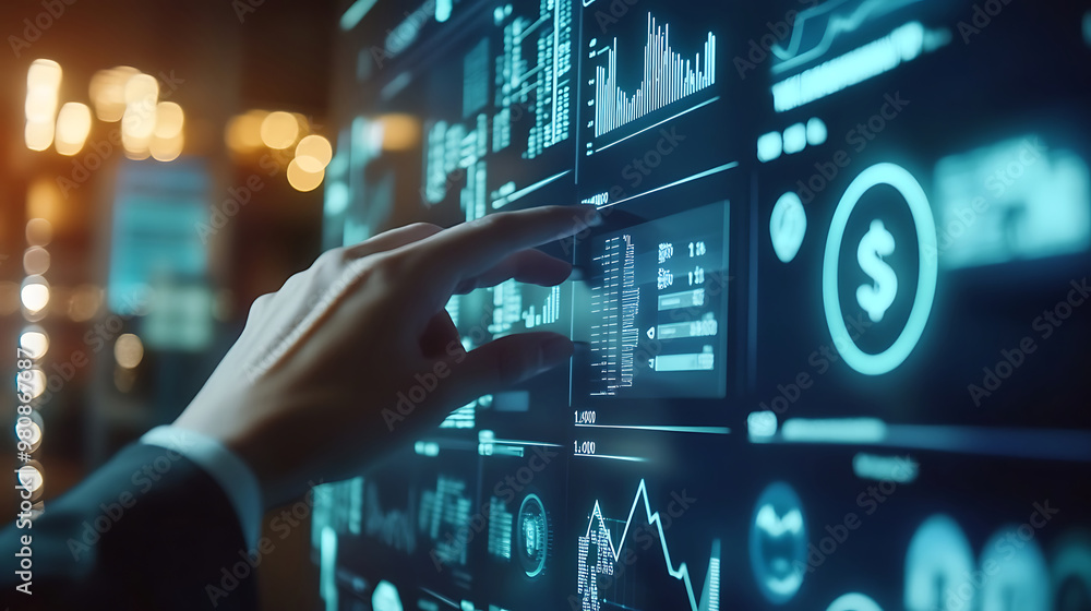 Business professional using a futuristic touchscreen interface to ...