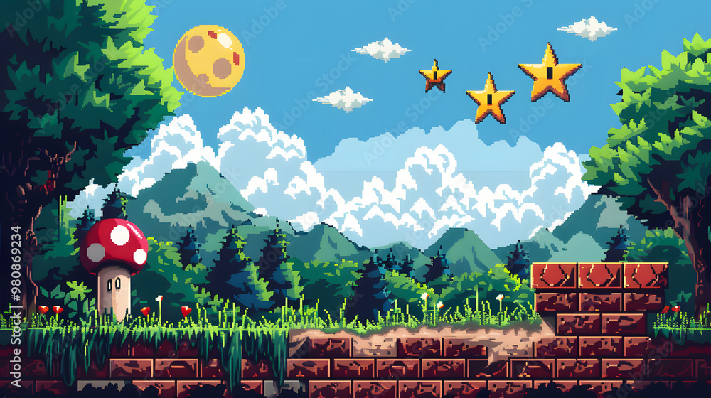 Pixel art game background with button level up. Game design concept in ...