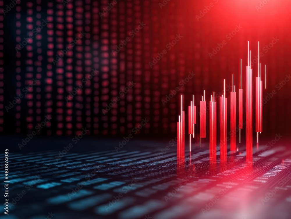 Abstract graphic of a rising financial chart with glowing red bars on a ...