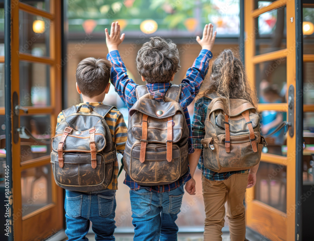Three children wearing backpacks, entering a school building, with one ...