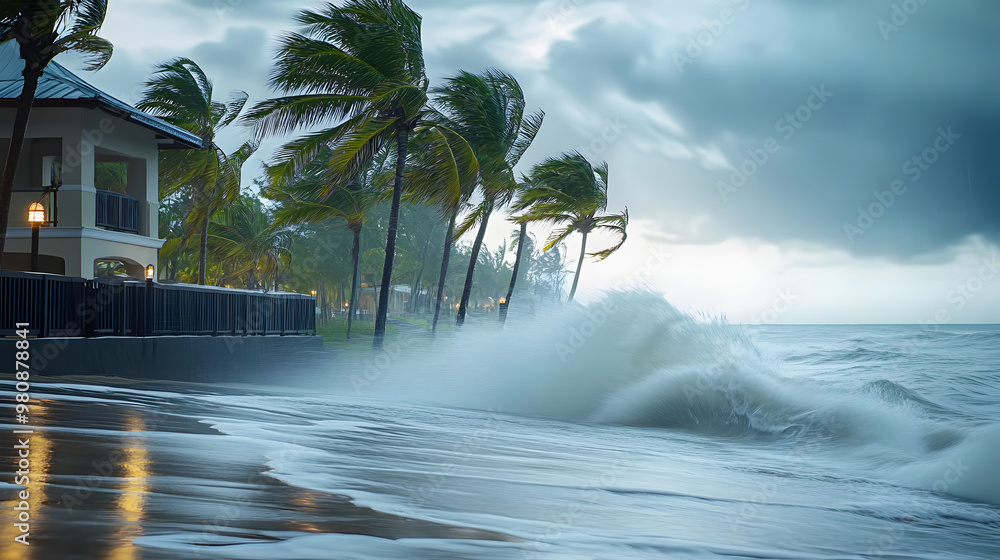 Beachfront resort during tropical storm with crashing waves and bending ...