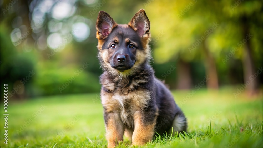 Adorable brown and black German Shepherd puppy sprawls on the lush ...
