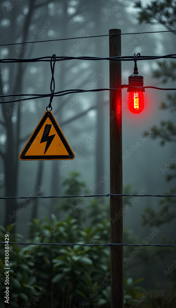 Electrical fence warning sign with electric shock icon hanging on wire ...