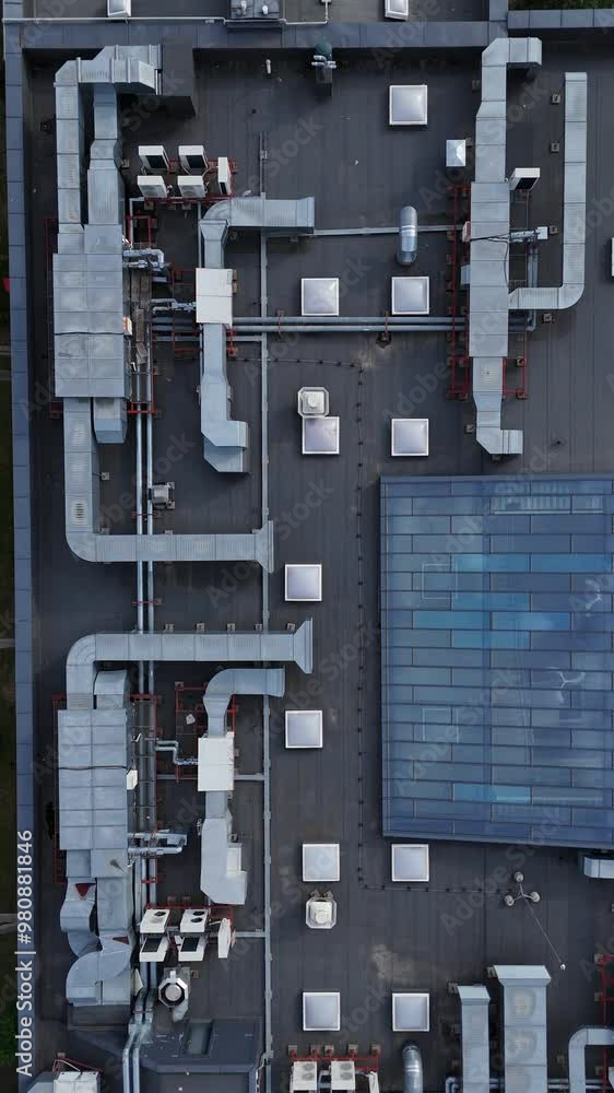 Aerial view of rooftop HVAC ducts and ventilation systems. Drone view ...