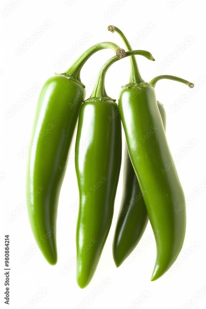 A bunch of green peppers are shown in a row. The peppers are all the ...