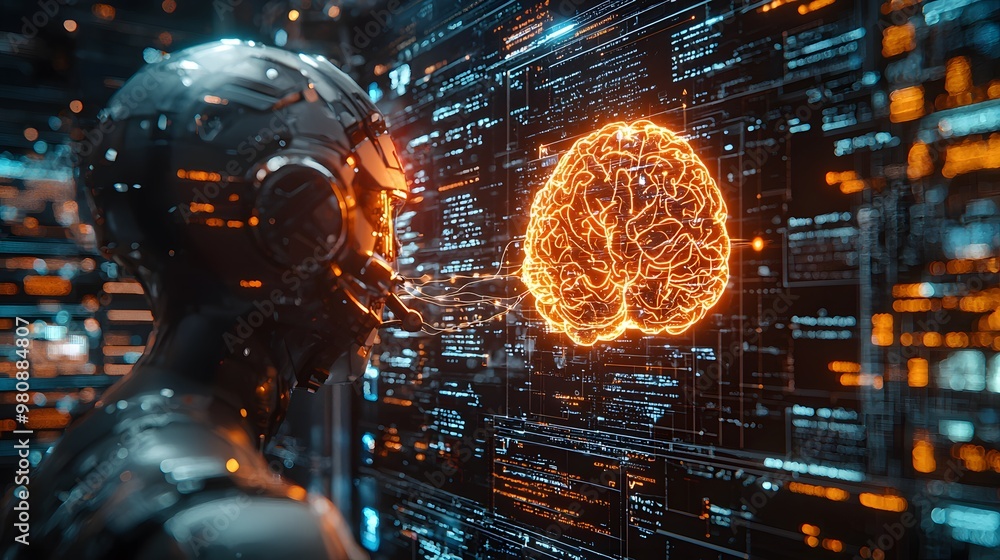 Conceptual 3D scene of a hacker connecting to the digital patterns of a ...