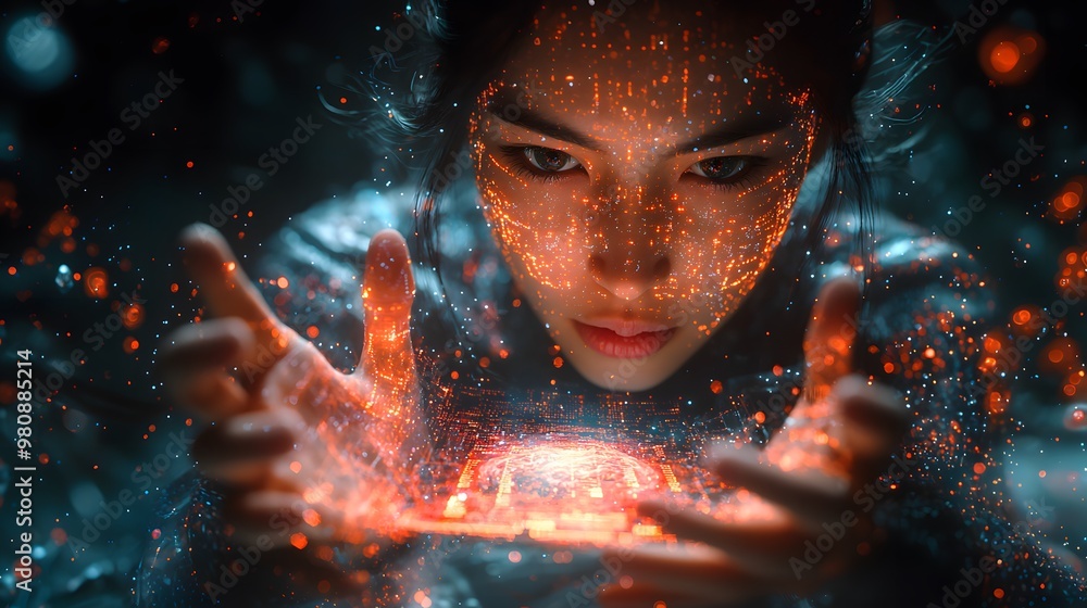 Cyber-themed 3D design focused on a hacker's hands and a close-up ...