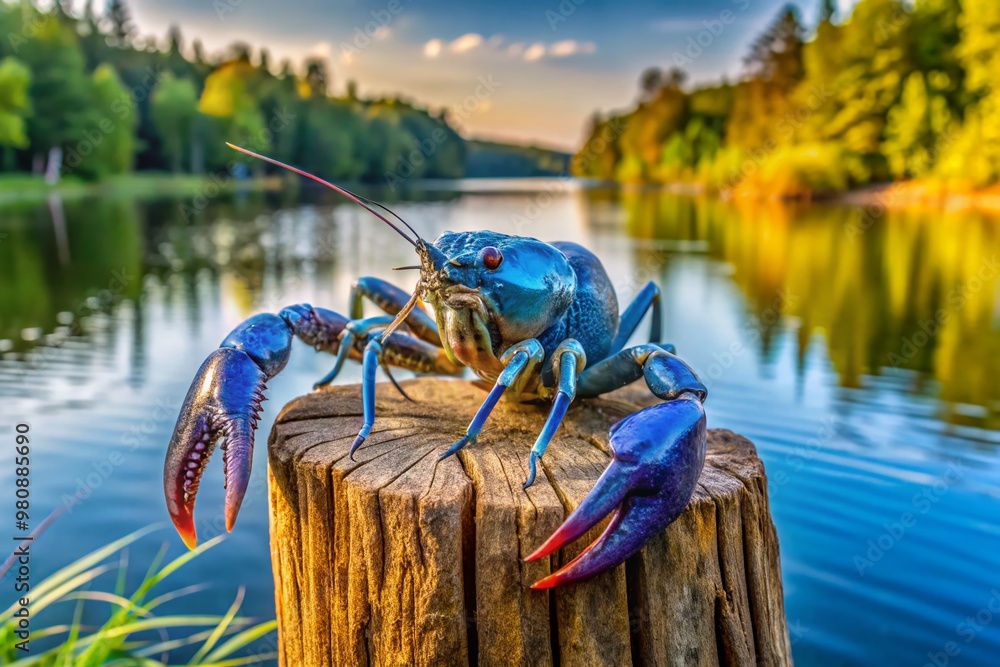 Freshly caught vibrant blue crawdad clings to a worn wooden dock piling ...