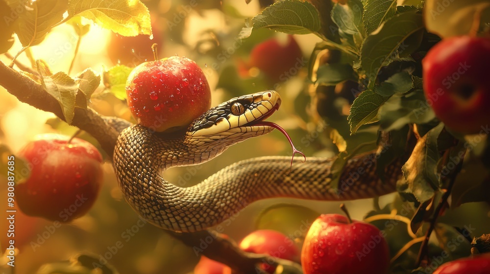 Snake in a apple tree next to a red apple representing original sin ...