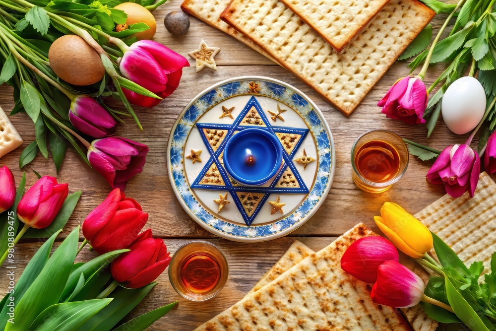 Elegant Passover Greetings 2024 with Traditional Symbols and Festive Colors for Celebration and ...