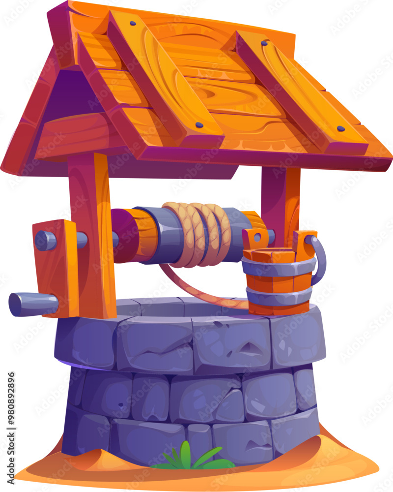 Cartoon wooden bucket and stone water well wood frame and stone base, a ...