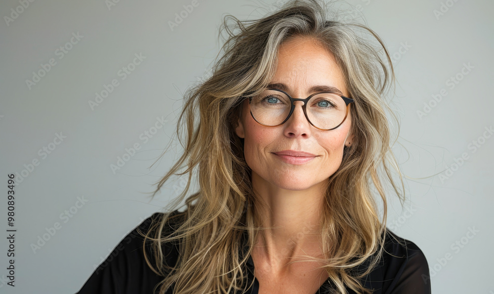 Confident Middle-Age Businesswoman with Glasses in Relaxed Profile Pose ...