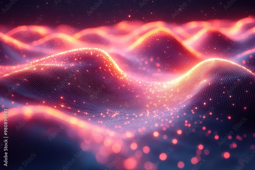 mesmerizing audio visualizer neon waveforms pulsating across dark backdrop geometric patterns ...