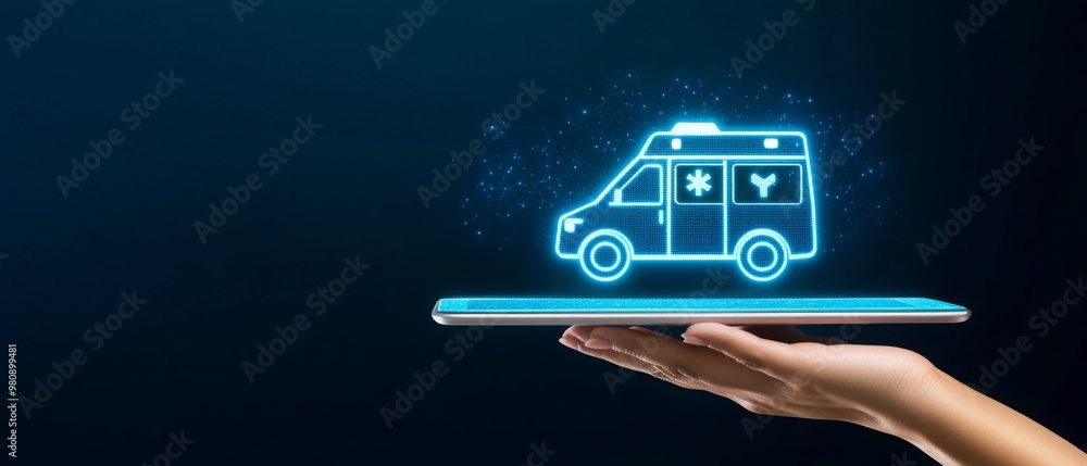 ambulance icon emerging from a digital tablet, Smart Ambulance and ...