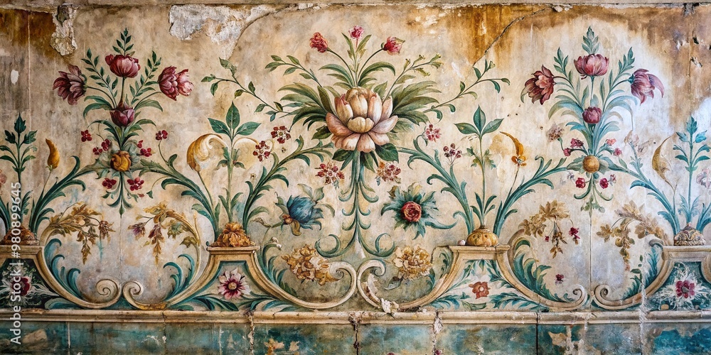 Vintage distressed Renaissance-inspired fresco painting on aged wall ...