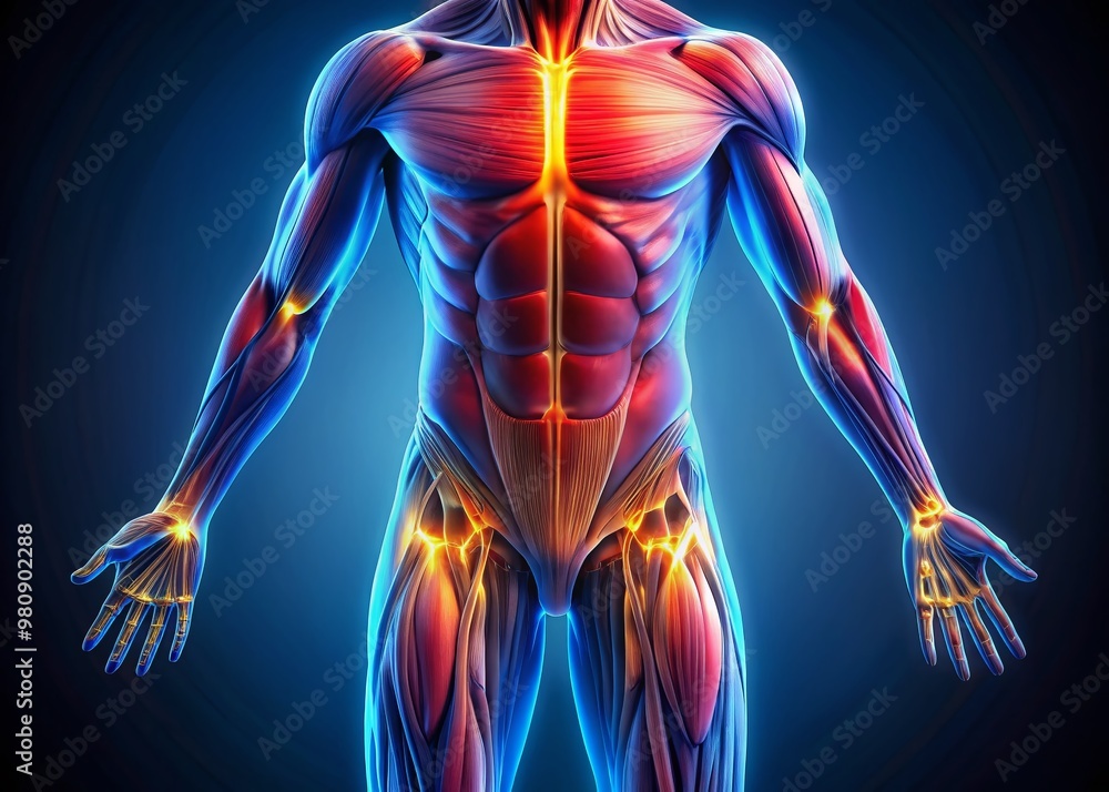 Illuminated 3D model of the human muscular system, highlighting the ...